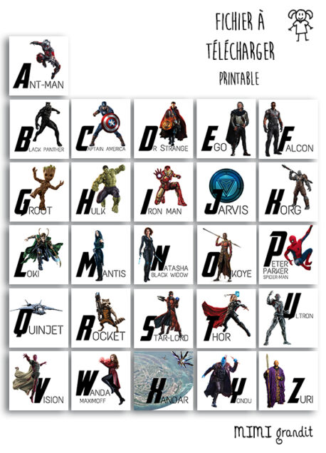 Abécédaire Marvel Avengers, fichiers à télécharger, à imprimer en magnets